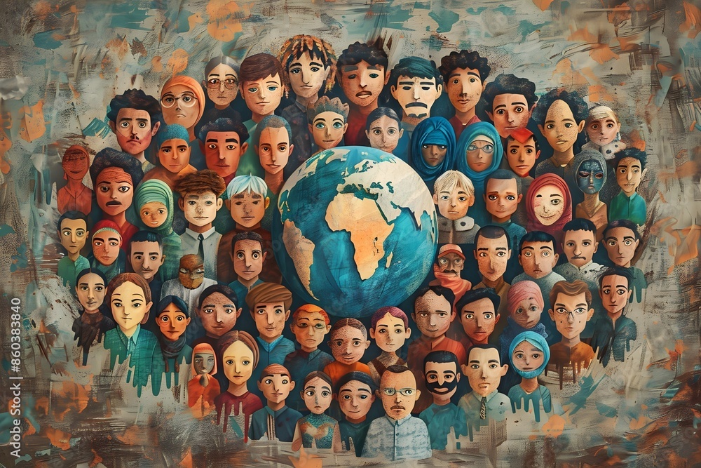 an art piece of different humans around an earth, wide range of ...