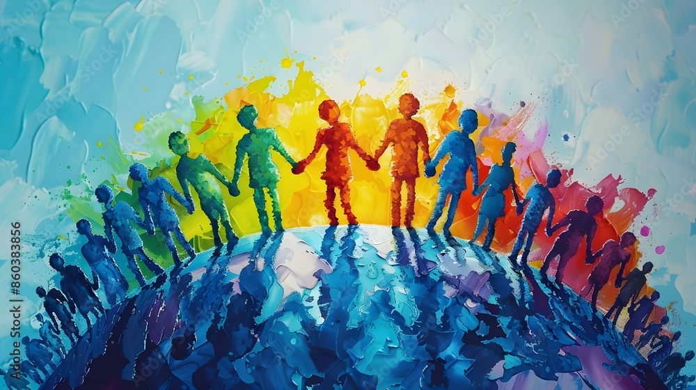 different humans holding hands around the vibrant globe. unity in ...