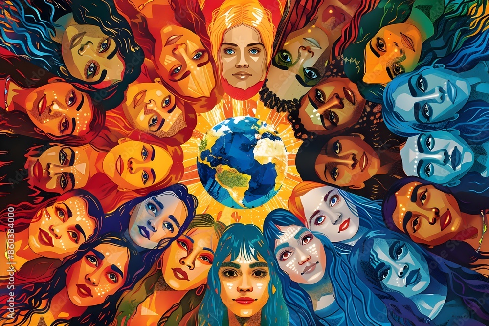 an art piece of different humans around an earth, wide range of ...