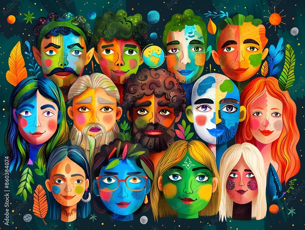 an art piece of different humans around an earth, wide range of ...
