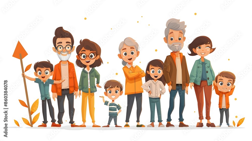 kids, mother, father, grandparents, young people, under a growing arrow ...