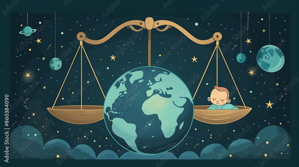 cute infant on a one side of scale, globe at middle of the scale. world ...