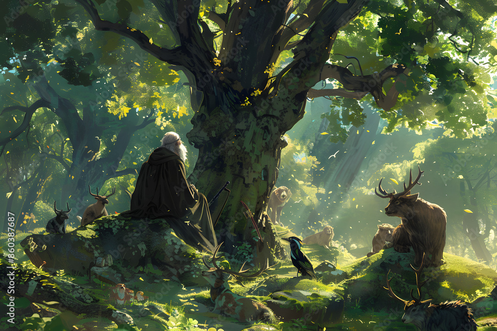 A high-resolution illustration of a firbolg druid communing with nature ...