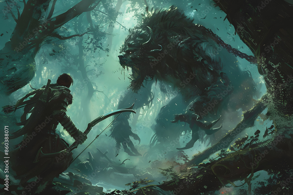 A high-resolution illustration of a human monster hunter tracking a ...