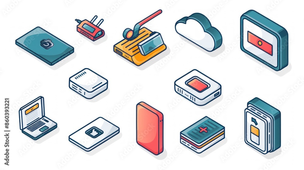 Set of 2D icons illustrating different types of storage devices ...