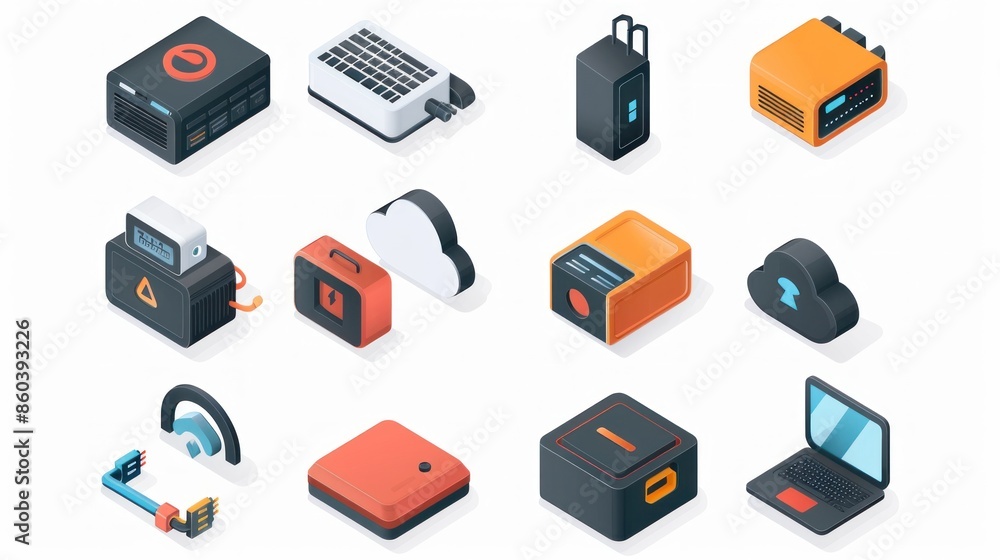 Set of 2D icons illustrating different types of storage devices ...