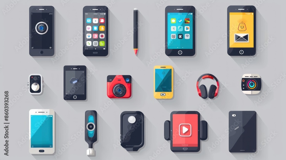 Detailed 2D icons of various mobile devices such as a smartphone a ...