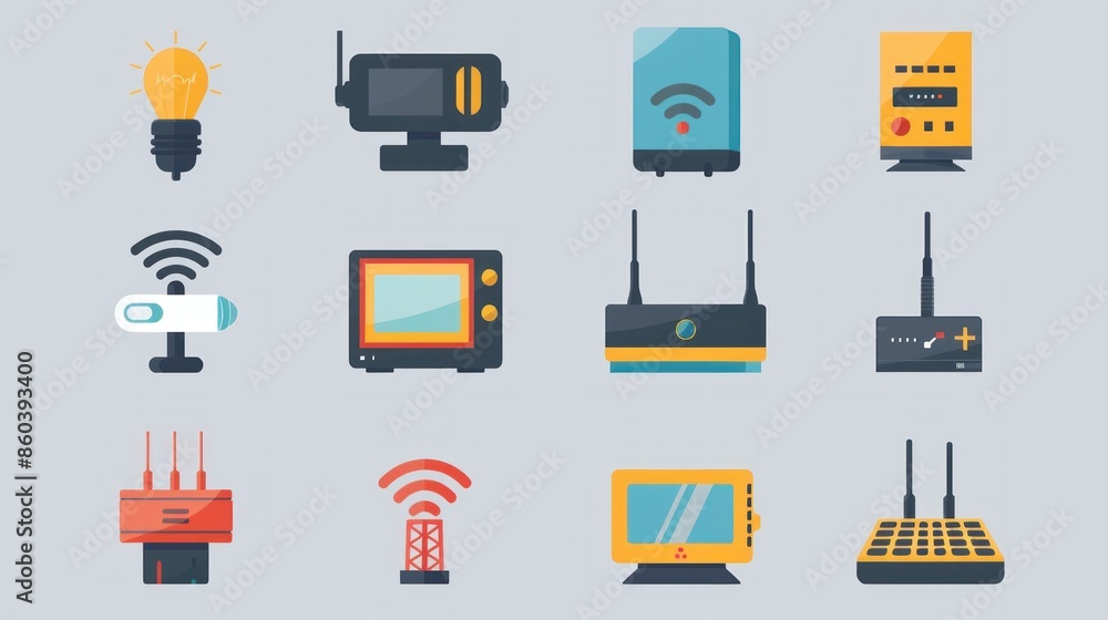 Collection of 2D icons showcasing various networking devices including ...