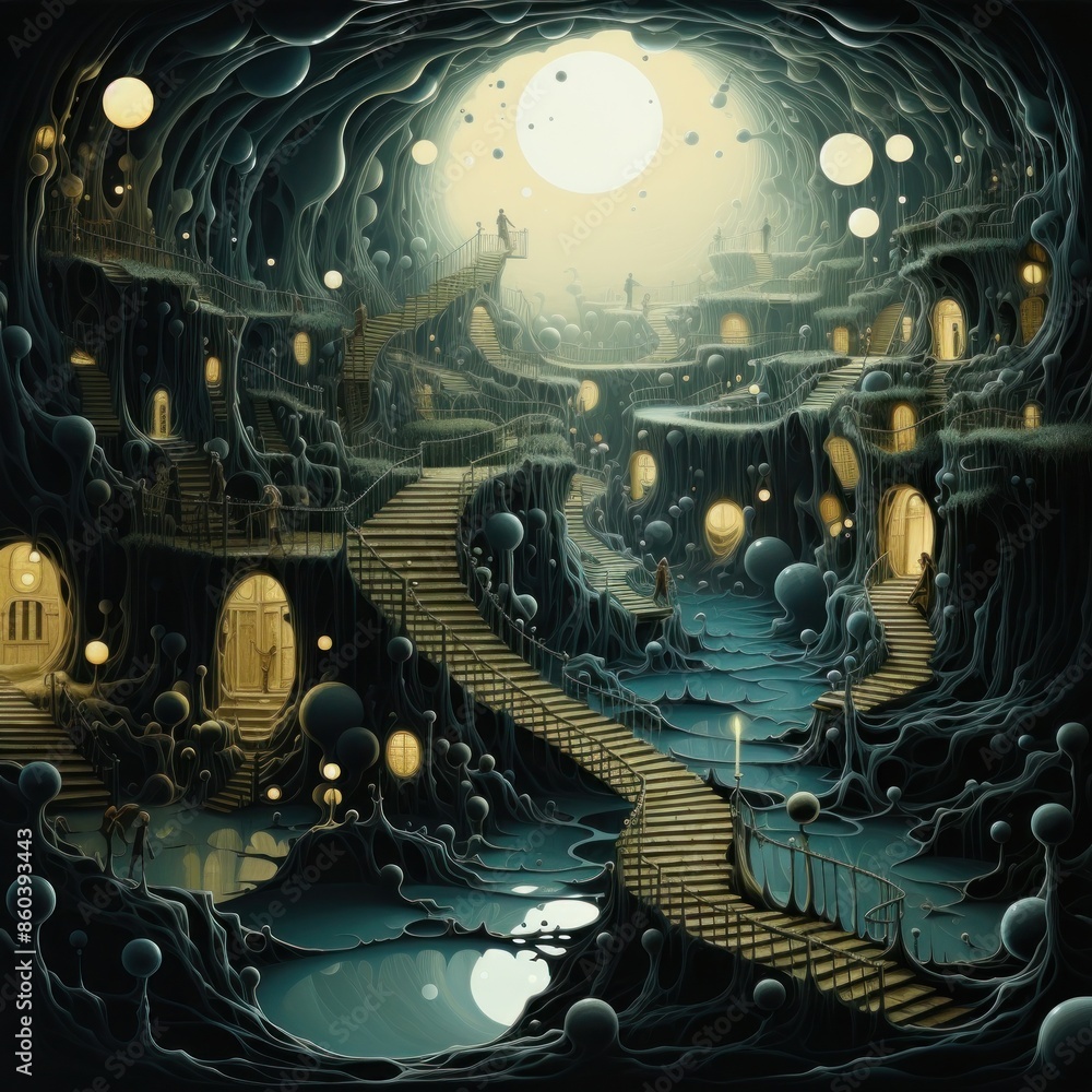 Surreal Underground Fantasy World with Glowing Orbs, Stairs, and ...