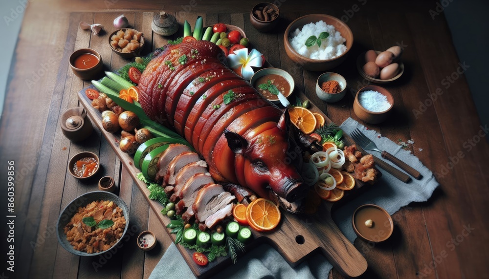 Whole Roasted Pig Lechon Centerpiece with Asian Cuisine Side Dishes on ...