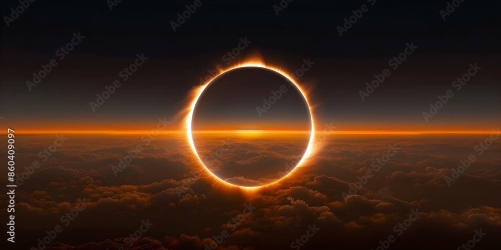 View of annular solar eclipse above clouds from airplane window ...