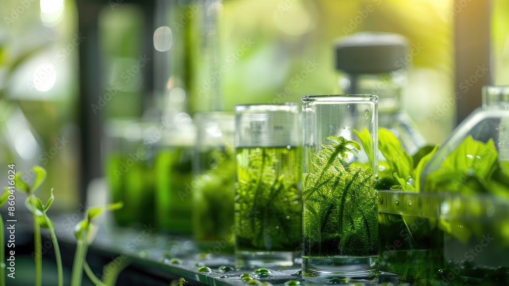 Plants growing inside transparent beakers in laboratory setting with ...