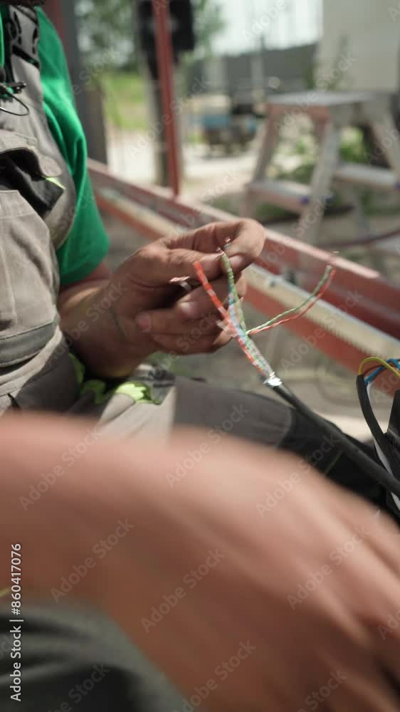 Electrician installs wiring using Connectors for connecting wires in ...