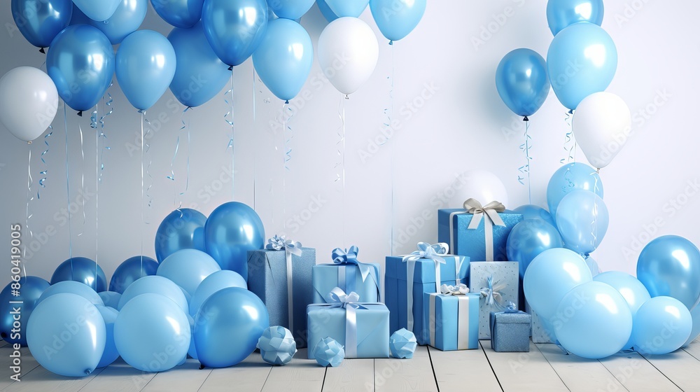 Colorful blue birthday decorations with balloons and presents, perfect ...