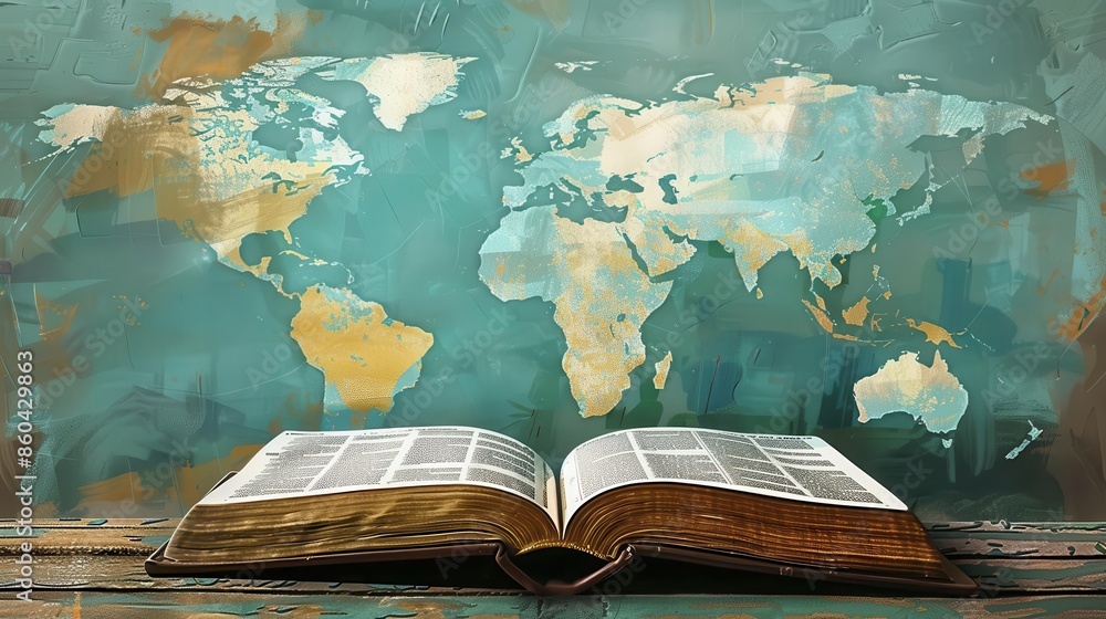 open bible with world map global christian mission and evangelism ...