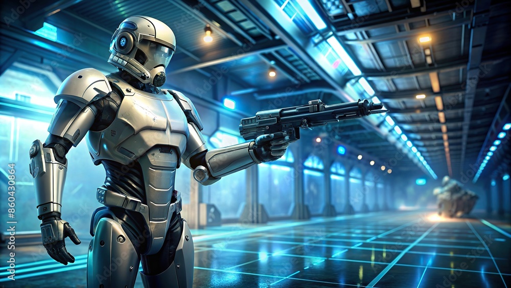 Robot holding a gun in a futuristic setting, robot, gun, weapon ...
