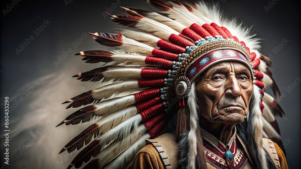 Indian chief wearing headdress standing confidently , native american ... Indian chief wearing headdress standing confidently , native american ...