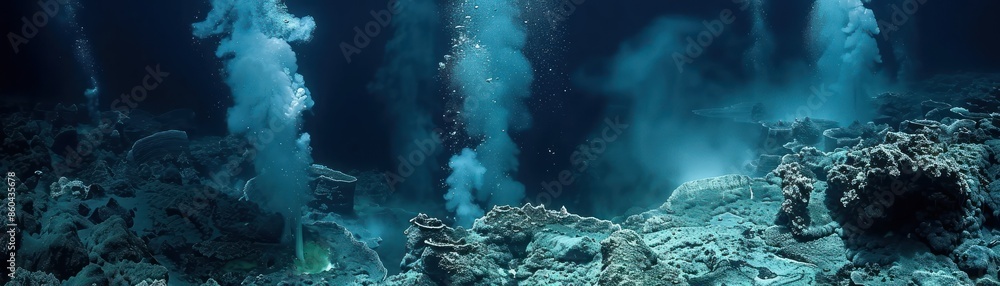 Panoramic underwater scene with hydrothermal vents and deep-sea geysers ...