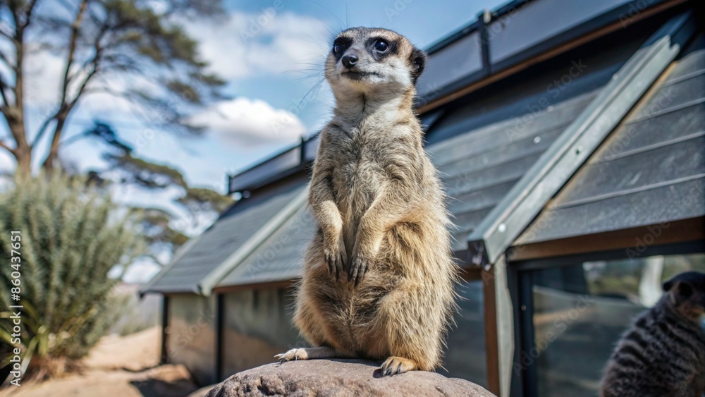 Generative ai. meerkat standing on a rock, sunny day, zoo enclosure ...