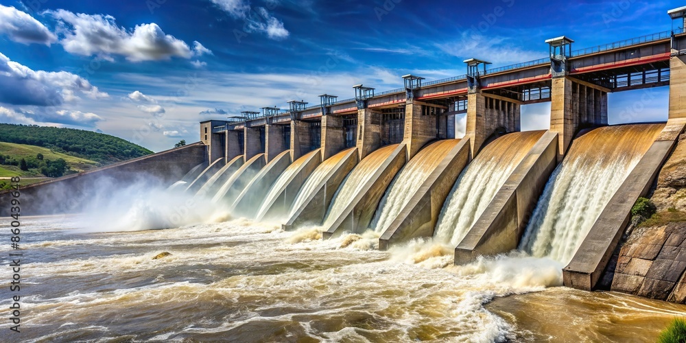 Excess water flowing from hydroelectric dam , hydroelectric, dam, water ...