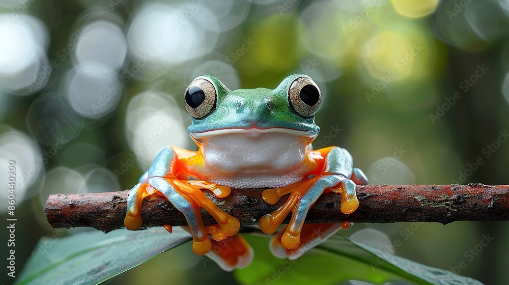 Wallace's flying frog perches on a branch in the rainforest, displaying ...