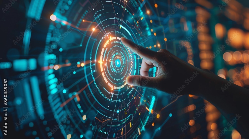 This image shows a hand touching a digital holographic interface ...
