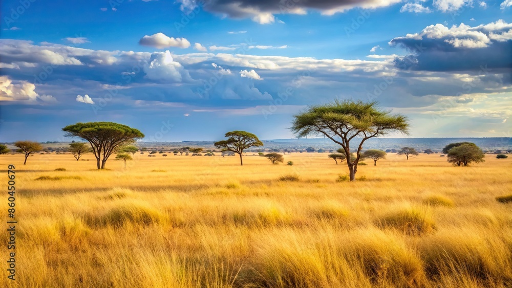 Vast savanna landscape with tall grass and sparse trees, savanna ...