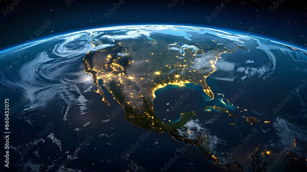 A satellite view of the Earth, focusing on the Americas. The continents ...