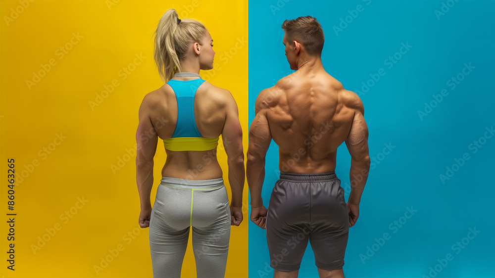 Back view of a male and female bodybuilder standing on a two-tone blue ...