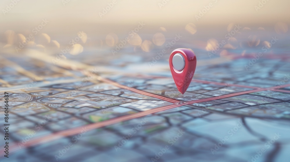 A close-up shot of a red location pin on a modern, detailed map. The ...