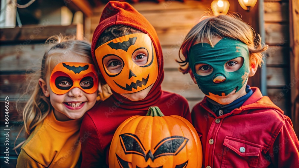Trick-or-Treating Kids in Halloween Costumes. Three young children ...