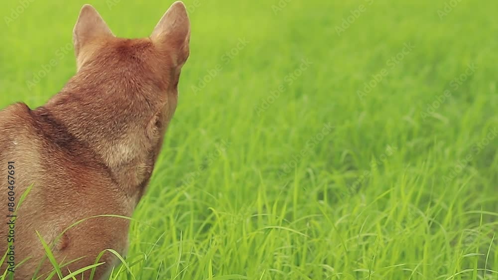 Dog eating grass in the meadow before walking away to the distance ...