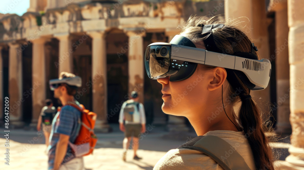 Tourists using augmented reality headsets explore ancient ruins ...