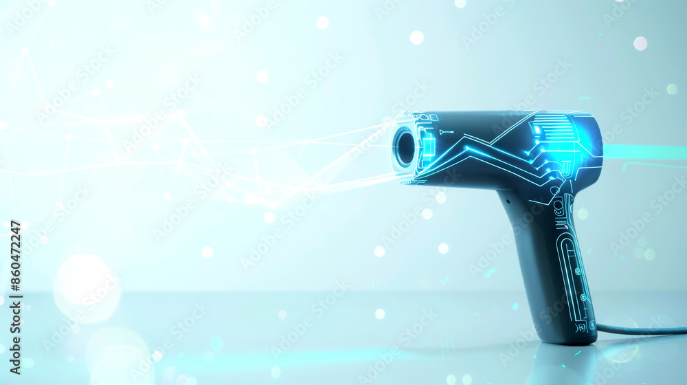 High tech barcode scanner against light blue background, featuring ...