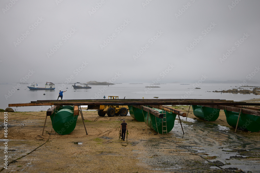 Vilanova de Arousa (Spain), June 22, 2024. Assembling a punt. The rafts ...