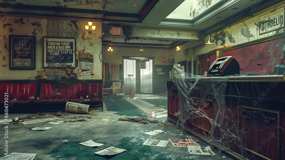 Old Reception Desk in a Derelict Hotel Covered in Cobwebs, Peeling ...