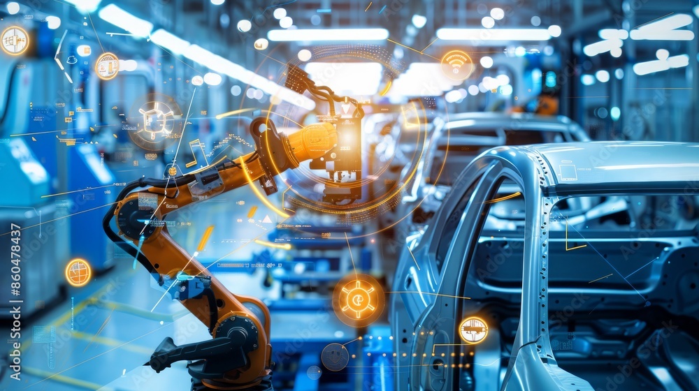 Digitalization concept in the car factory industry with automated robot ...