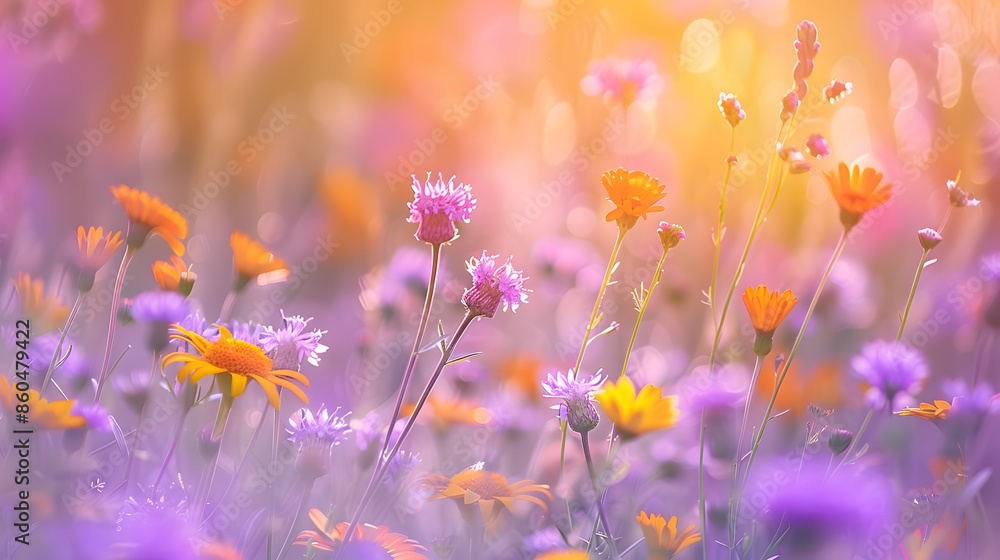 Colorful flowering herb meadow with purple blooming phacelia orange ...