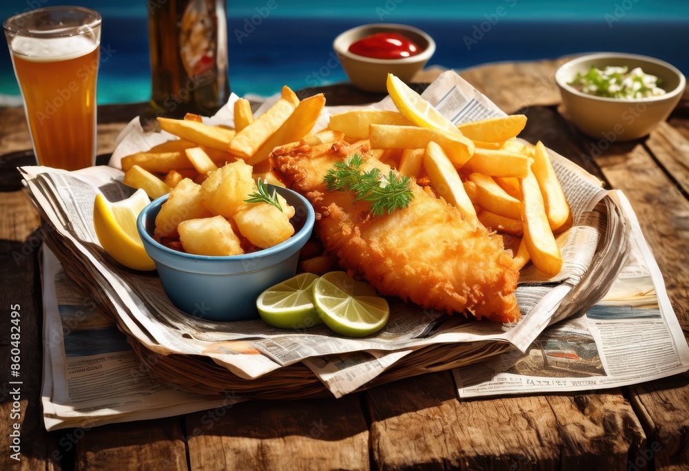 crispy fish chips served classic newspaper wrapping takeout meal, food ...