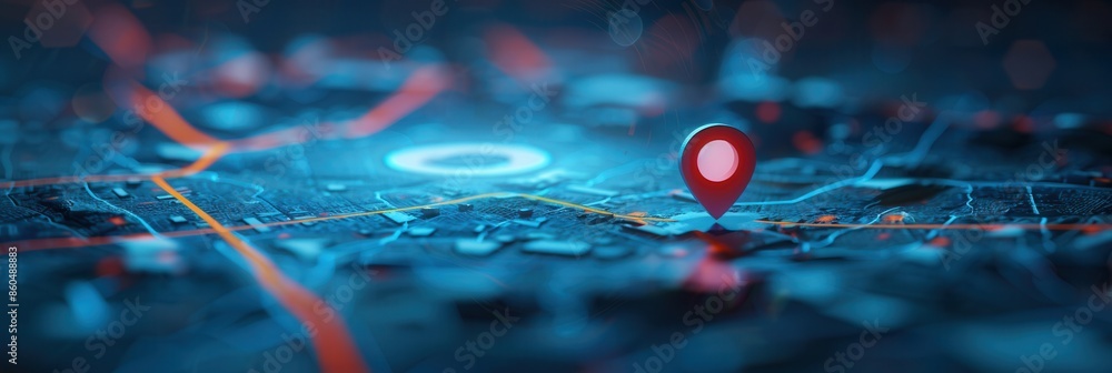 A clean and modern digital map with a red location pin. The image ...