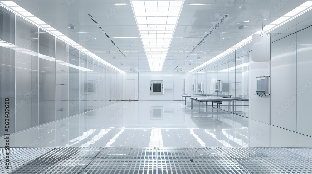 wide shot of bright advanced semiconductor production fab cleanroom ...