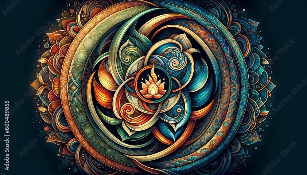 mandala with vibrant colors and detailed patterns, centered around a ...