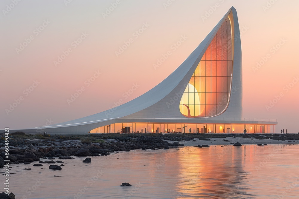 Modern architectural masterpiece by the sea at sunset, featuring sleek ...