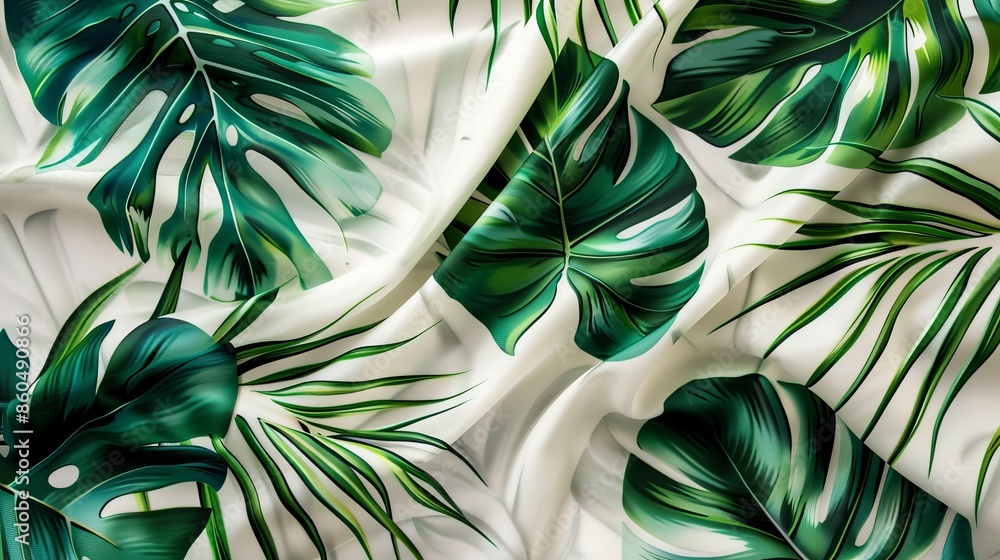 Beautiful fabric with a tropical leaf print. It's a seamless repeating ...