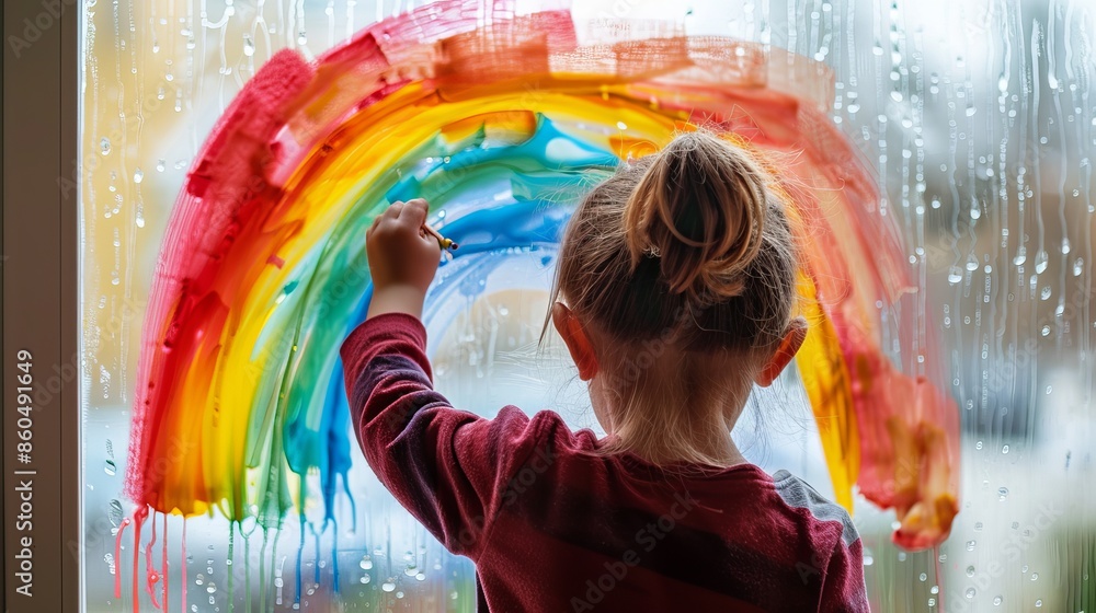A young child draws a rainbow on a window, celebrating Autism Awareness ...
