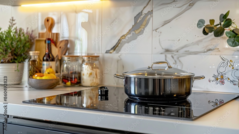 Black induction stove is on a white countertop with a marble backsplash ...