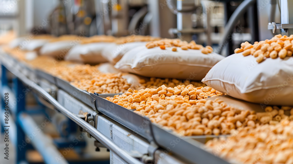 sorting and packing line of stuffed breakfast cereal pillows at factory ...