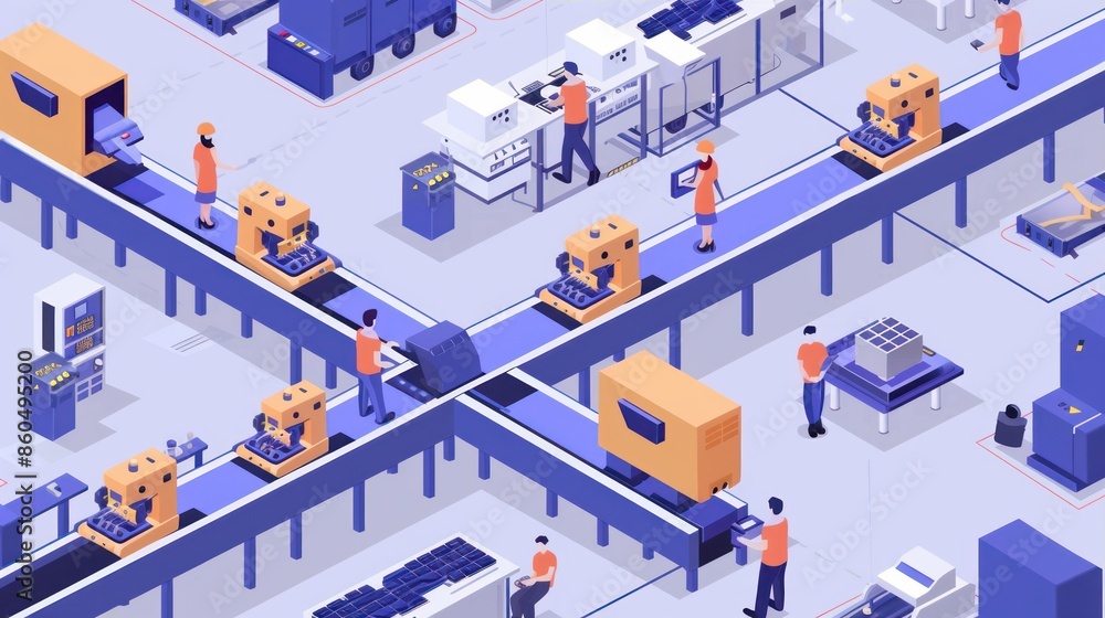 Vector illustration of an isometric factory with an automated ...