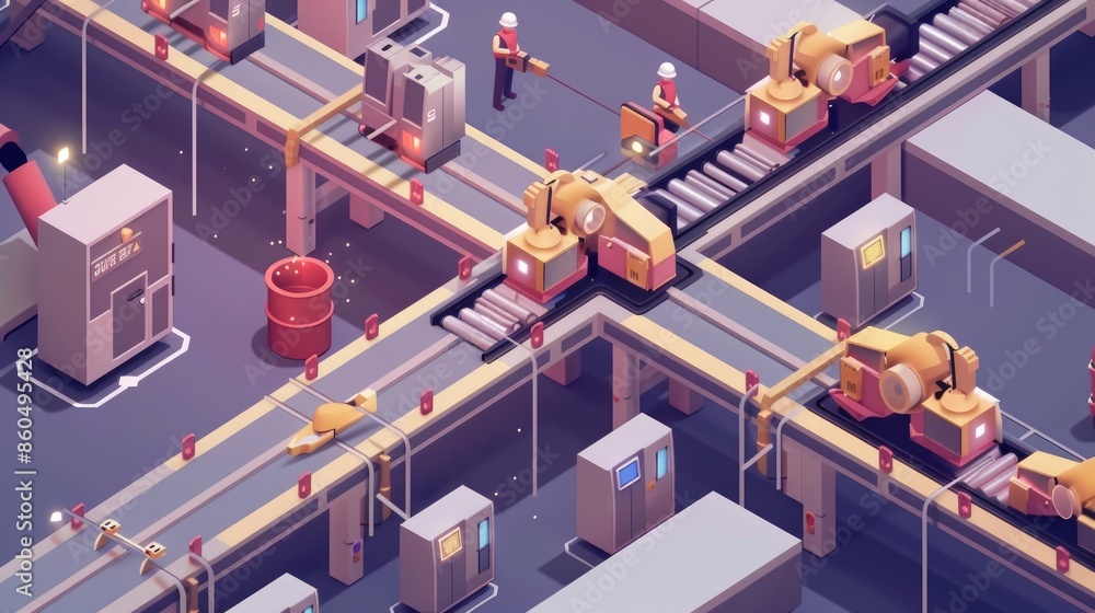 Vector illustration of an isometric factory with an automated ...