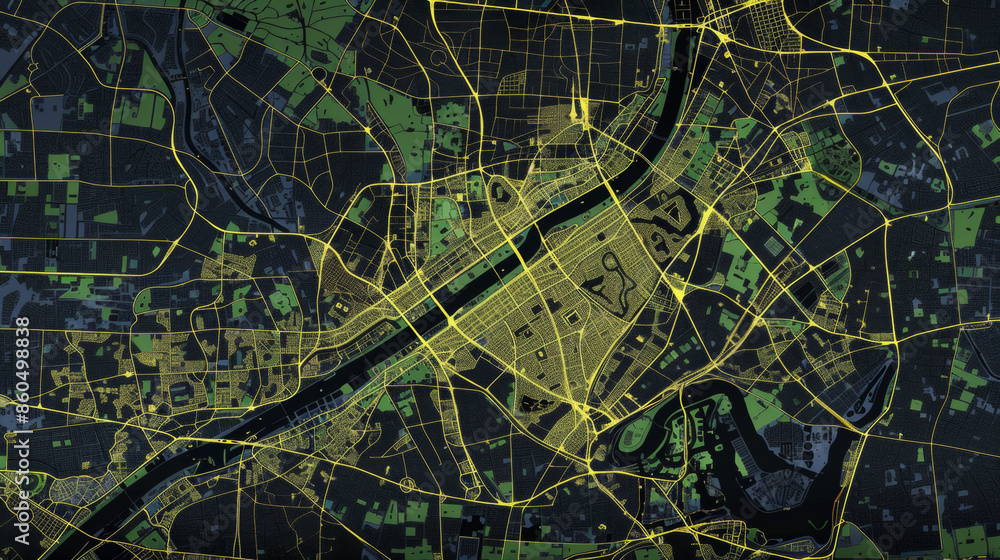 Large horizontal noir-style city map, urban layout with lakes and ...